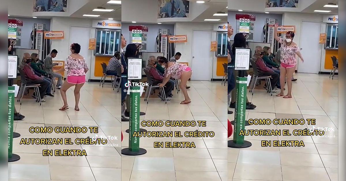 Mujer baila y hace aeróbicos mientras espera que la atiendan en el banco